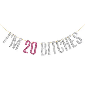 Glitter I'm 20 Bitches Banner Happy 20th Birthday Banner 20th Anniversary Girl's 20th Birthday Party Decorations Silver & Pink
