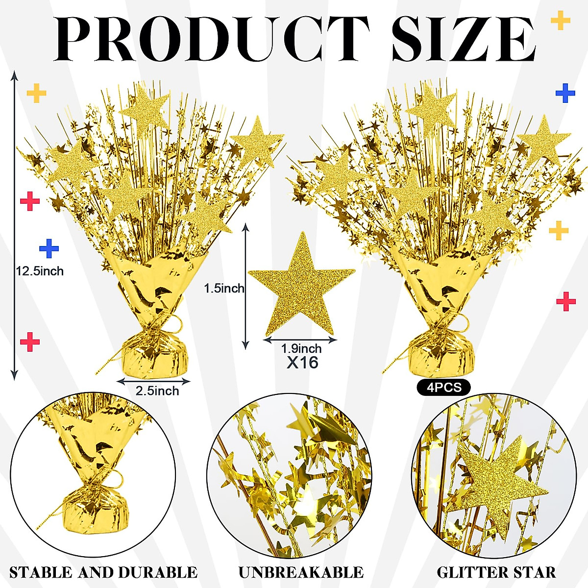 LACGO 4 PCS Metallic Foil Spray Centerpieces for Table - 12’’ Gold Centerpieces Decors with Star Party Favor Supplies for Wedding Birthday Baptism Graduation Celebration Home Decorations