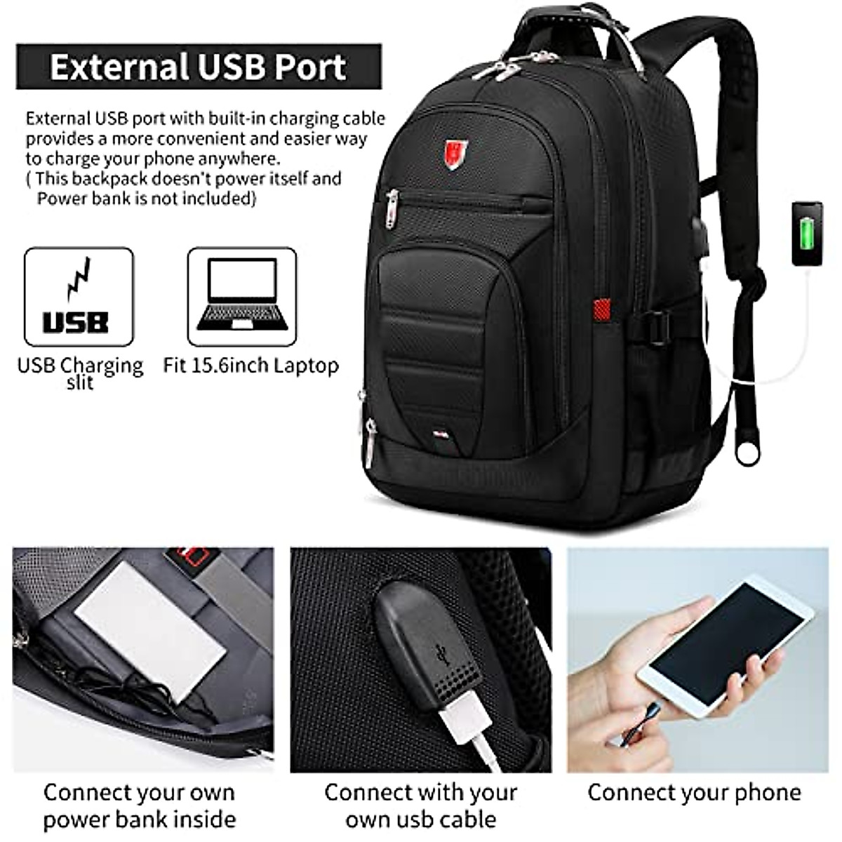 aocrin YH&GS Laptop Backpack, Business Travel Laptops Backpackfor for Men Women, Work Laptop Backpack Fits 15.6 Inch with USB Charging Port, Black