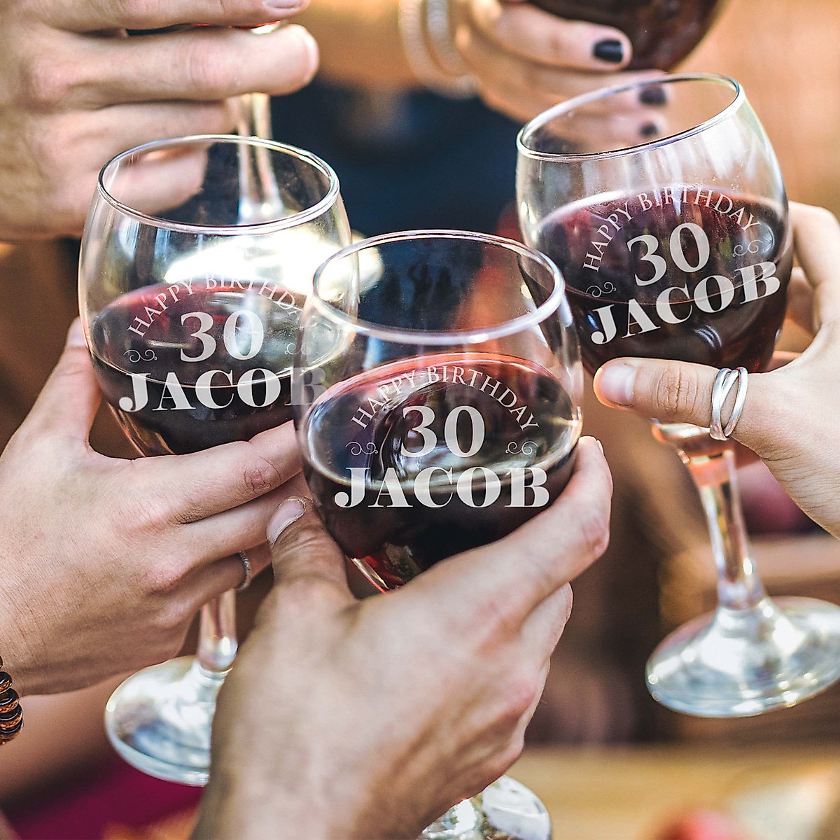 Custom Monogrammed Happy Birthday Wine Glass, Shot Glass, Beer Glass, Champagne Flute - Customized Present for 30th, 40th, 50th, 60th Celebration (16 oz Wine Glass with Stem)