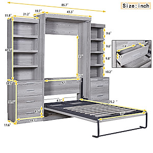 Unique Twin Size Murphy Bed with Storage Shelves and Drawers, Multiple Storage Bed Suitable for Guest Room, Office, Apartment