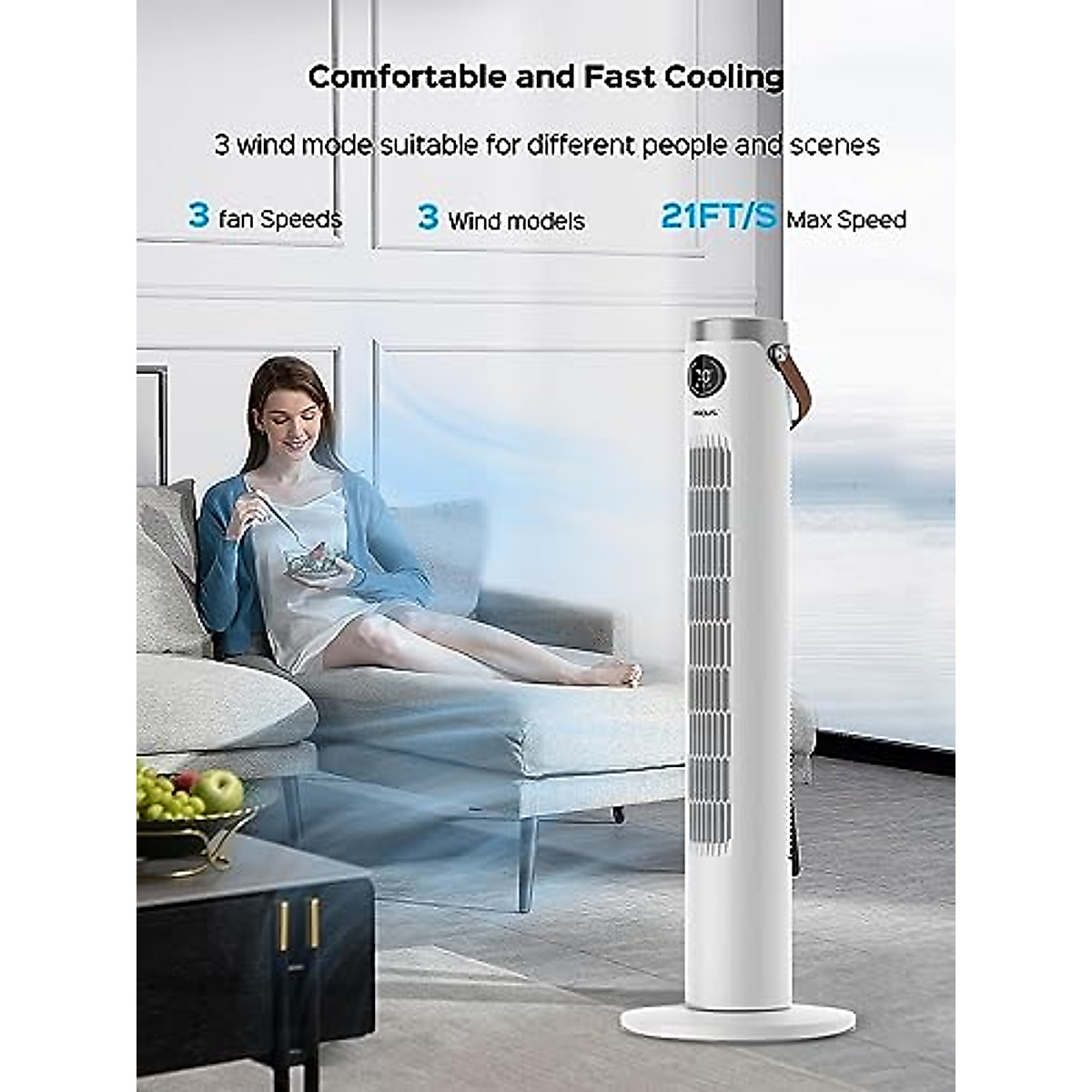 PROUS Tower Fan for home bedroom, 42 Inch 60° Oscillating fan Quiet 35dB with Remote, Floor Fan with 24H Timer, Large LED Display, Bladeless Fan, 21ft/s 3 Speeds 3 Modes