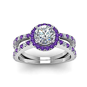 55Carat Reverse Split Shank Halo Diamond Ring Sterling Silver Natural Amethyst Round Shape Purple Color Halo Engagement Rings Prong Setting in Size 11 Handcraft Chakra Healing