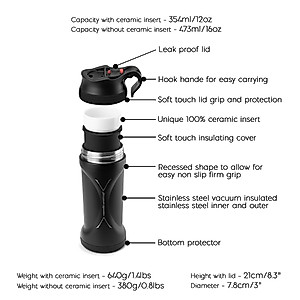 Roamwild Cerami Cup 12oz / 354ml – With Unique Ceramic Fresh Tasting Inner Tumbler - Quadruple Thermal Insulation Technology Stainless Steel Travel Mug, BPA-Free, Dishwasher Safe (Black & Black)