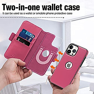WenBelle for iPhone 14 Pro Max(6.7 inch), 2-in-1 Magnetic Detachable TPU Shockproof Genuine Leather Wallet Case,RFID Blocking Protection,Viewing Stand and Card Slots Flip Cases (Rose Red)