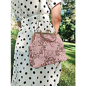 Rejolly Women Vintage Kiss Lock Clutch Handbag Floral Evening Purse Crossbody Shoulder Bag with Chain Strap (Pink)