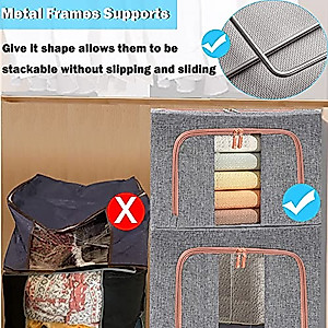 100L Large Clothes Storage Bags, Stackable Storage Bins with Hold Shape Metal Frame, Foldable Closet Organizer Storage Containers with Zipper, Clear Window, Durable Handles Thick Fabric Storage Box for Seasonal Clothing & Bedding (Gray, 2 Pack)