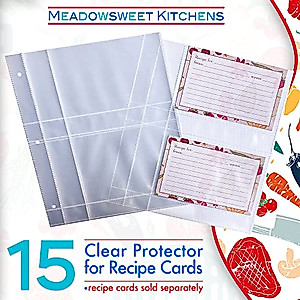 Recipe Card Protector Pages, 15 4" x 6" Clear Plastic Protectors Pages w/ 3 Punched Holes for Recipe Binder, Recipe Sleeves for 3-Ring Binders by Meadowsweet Kitchens