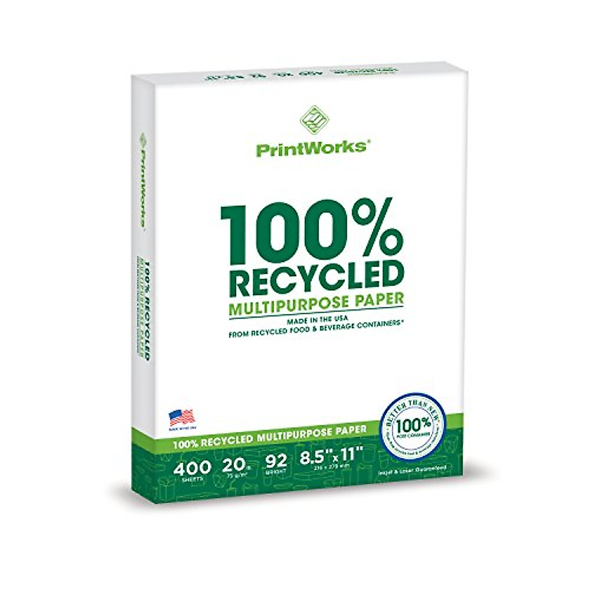 Printworks 100 Percent Recycled Multipurpose Paper, 20 Pound, 92 Bright, 8.5 x 11 Inches, White, 6 Reams 2400 sheets (00018C)