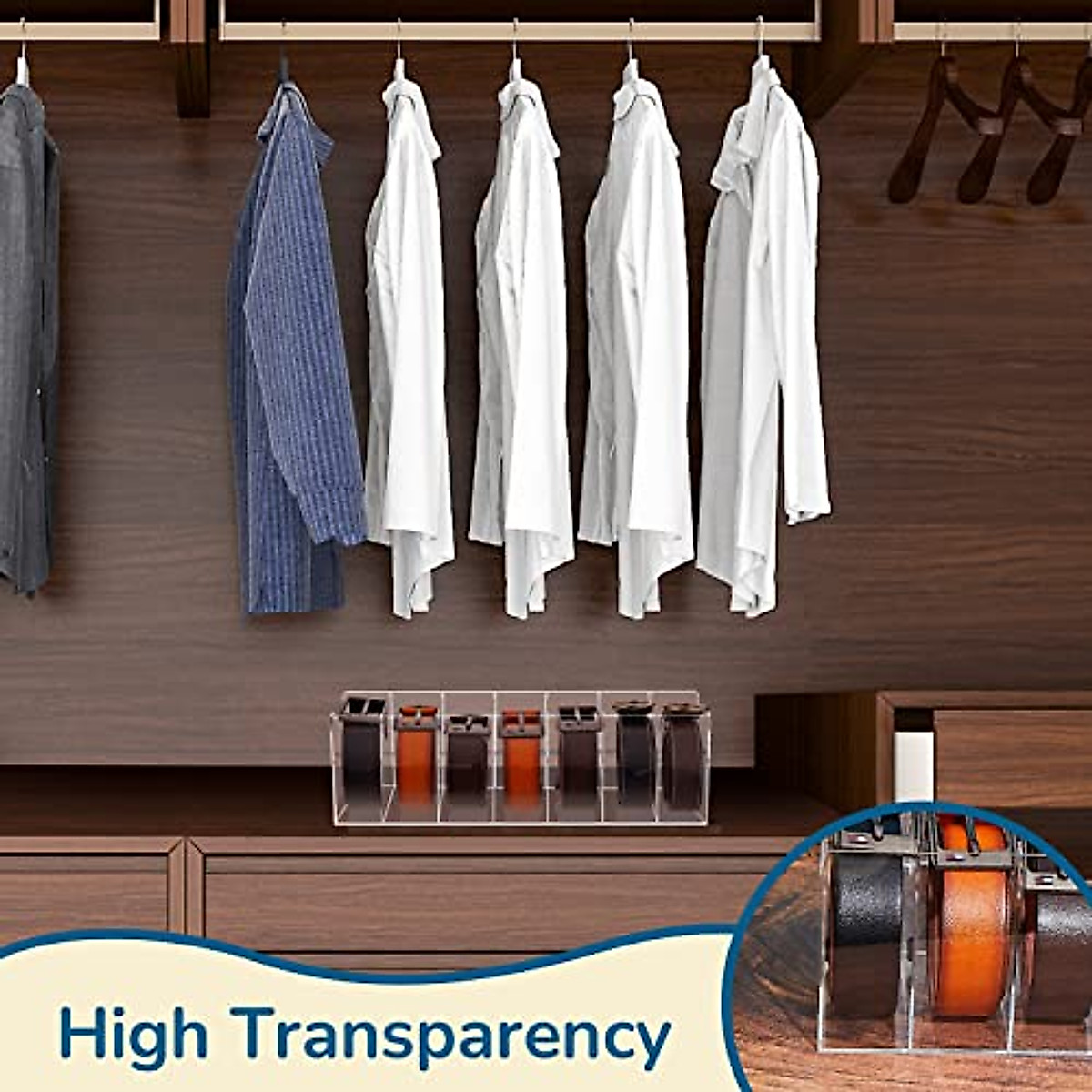 2 Pieces Belt Organizer Acrylic Belt Storage Holder 7 Compartments Display Case Belt Container Holder for Closet and Drawer, Purse Tie Jewelry Watch Bracelets Makeup Storage Holder Accessories