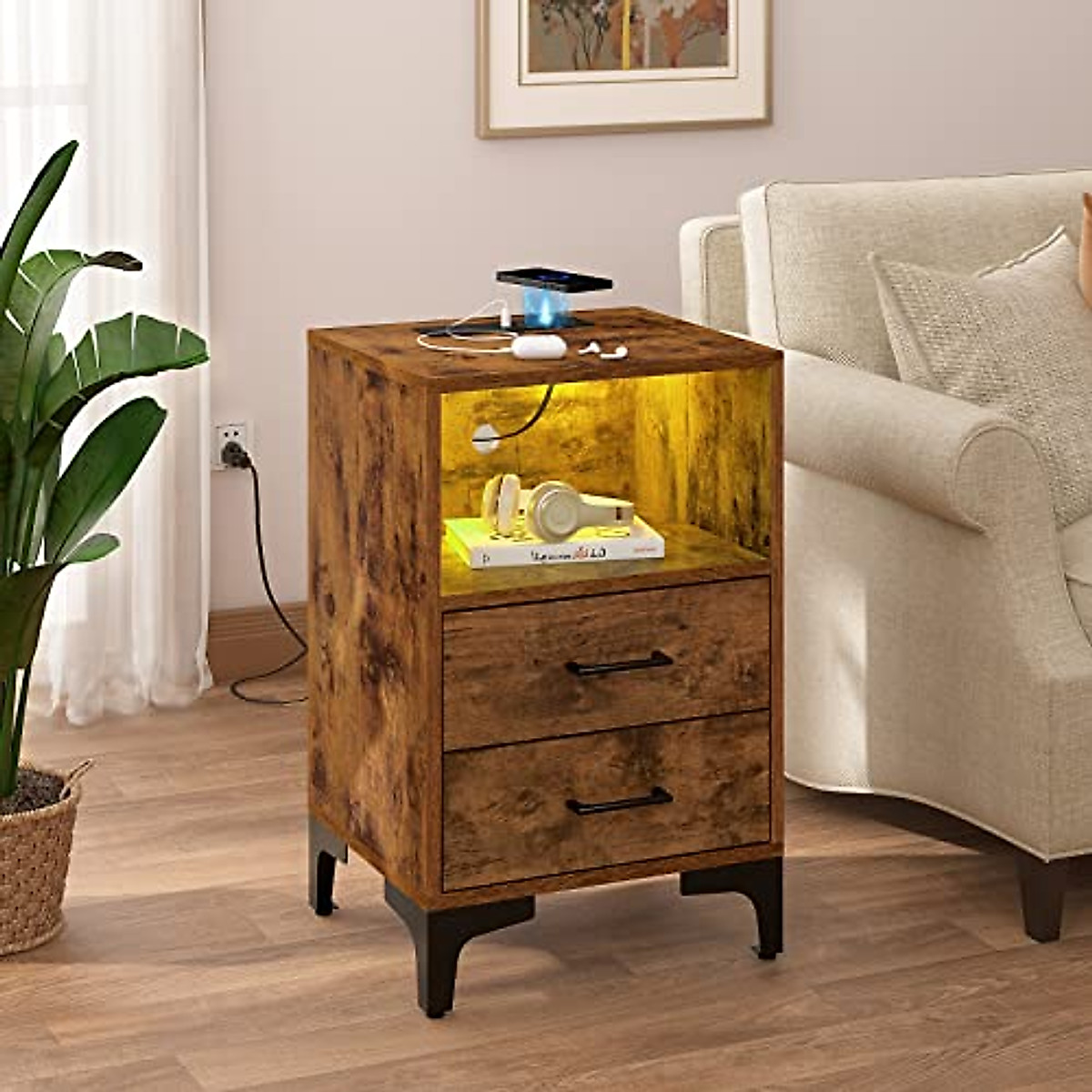 LYNCOHOME Nightstand with Wireless Charging Station and LED Lights, Modern End Table with 2 Drawers and Open Storage for Bedroom, Brown