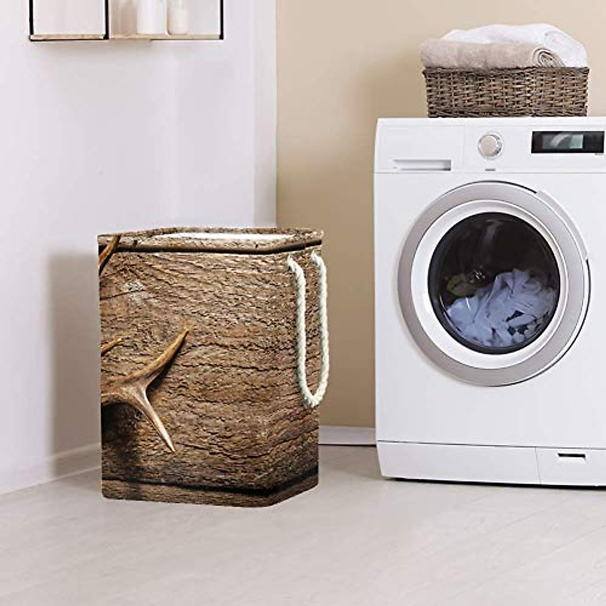 Laundry Basket Deer Antlers Rustic Wooden Foldable Laundry Hamper with Handles Detachable Brackets Well-Holding Waterproof for Clothes Toys Organization in Laundry Room Bedroom Bathroom