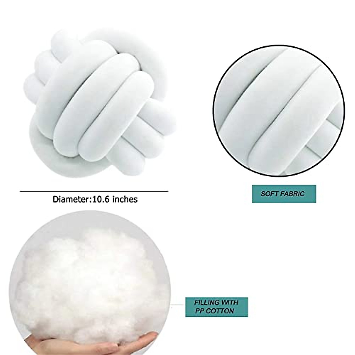 Naibyuki Knot Ball Pillow Household Throw Pillow Short Plush Knot Ball Pillow Home Decorative Waist Cushion Pillow for Couch Bed Car Office (White,Diameter:10.6 inches)