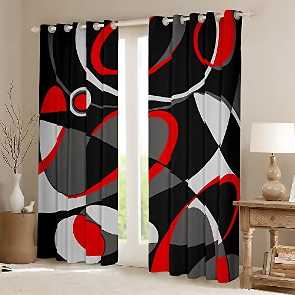 5Pcs Red Grey and Black Duvet Cover Set Full Size & Curtain Set: 1 Duvet Cover + 2 Pillowcase + 2 Panels of 42 W x 63 L inch Each