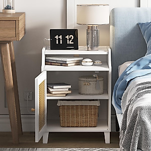 Nightstand Set of 2 White Night Stand with Charging Station Farmhouse Bedside Table with Rattan Door&Adjustable Storage Shelf Rustic Wood Couch Side Table End Table for Bedroom