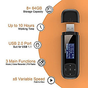 AGPTEK U3 USB Stick Mp3 Player, 8GB Music Player Supports Replaceable AAA Battery, Recording, FM Radio, Expandable Up to 64GB, Black