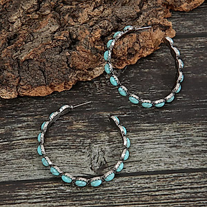 Natural Turquoise Dangle Metal Large Oval Earrings Western Vintage Statement Teardrop Earrings Bohemian Delicate Cowgirl Hoop Earrings for Women-F