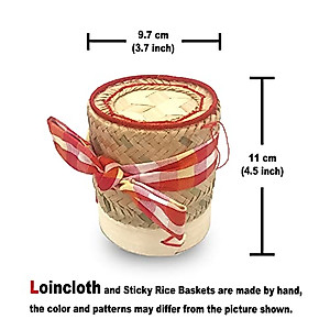 GoldleafKing Pack of 2 Small Sticky Rice Basket Size 3.5 Inches Thailand Laos Handmade Bamboo Serving Baskets Rice Container Set with Pa Kao Ma Traditional Loincloth