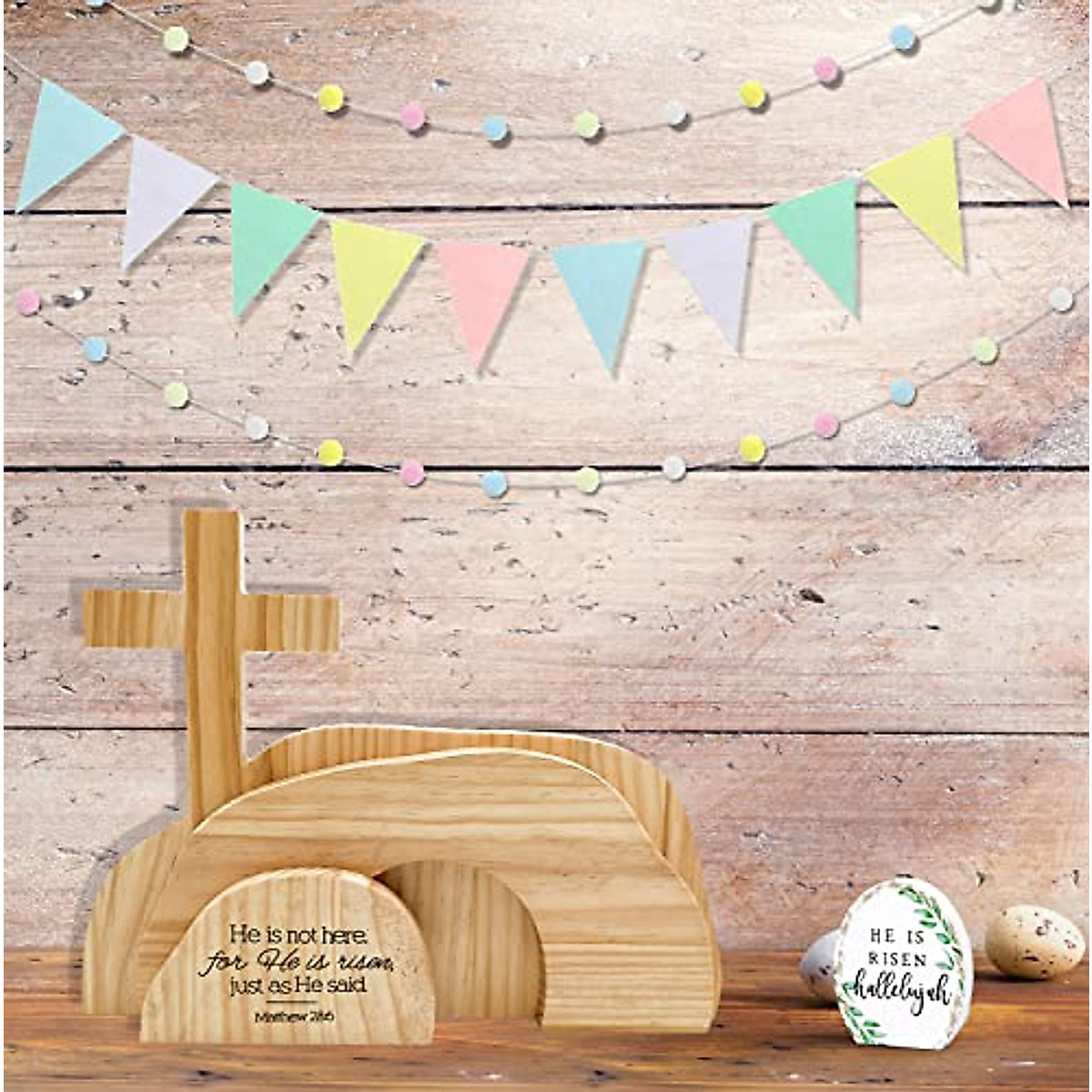 5 Pcs Easter Resurrection Scene Set He is Risen Wooden Tabletop Centerpieces The Tomb Was Empty Scene Decorations Crosses on Top of Rock Signs Christian Easter Decor for Jesus Easter Home Table Décor