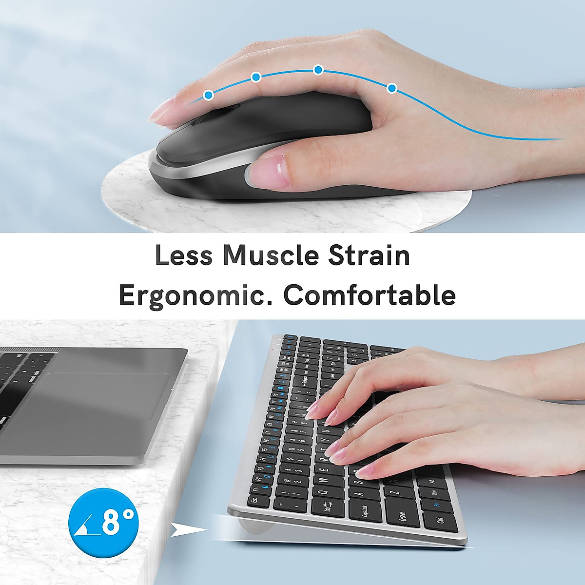 Trueque Wireless Keyboard and Mouse, Ultra Slim Silent Keyboard with Responsive & Low Profile Keys, Tilt Angle, Sleep Mode, 2.4GHz USB Cordless Mouse Combo for Computer, PC, Chromebook (Mac-Gray)