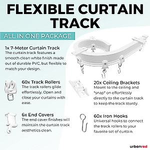 UrbanRed Flexible Bendable Ceiling Curtain Track, 22.9FT (7m), Ceiling Mount for Curtain Rail with Track Curtain System, Room Divider, Ceiling Curtain Rod, RV Ceiling Track for Curtains, White