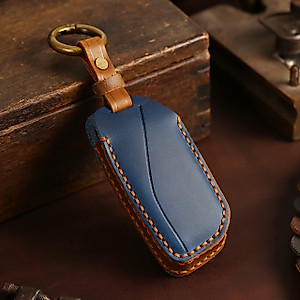 SANRILY Handmade Leather 4 Button Smart Key Fob Cover for BMW I7 M Sport 2023 X7 X1 IX M5 Keyless Full Protection Key Case with Keychain Blue
