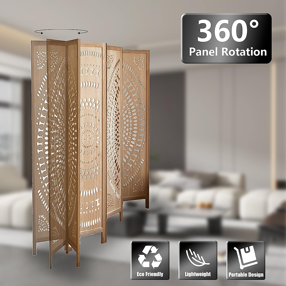 ALeesing 6 Panel Wood Room Divider Fully Assembled, Carved Boho Room Dividers and Folding Screens, 5.6Ft Room Divider Screen Freestanding Partition Wall Dividers for Home Bedroom Office, Brown