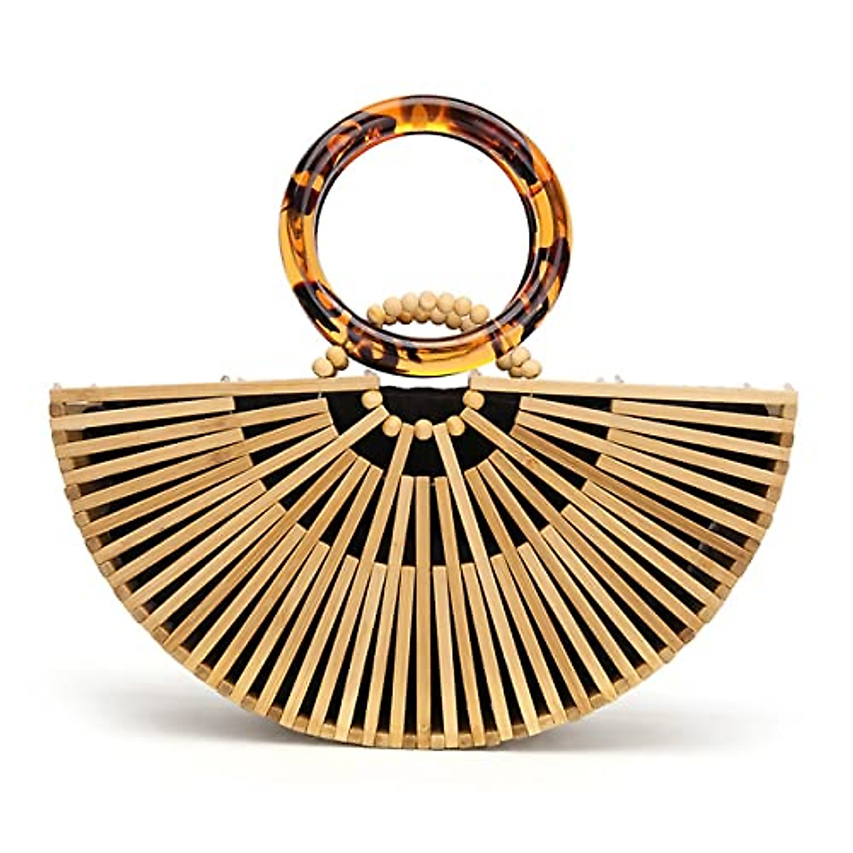 summer beach holiday bamboo woven bag retro portable straw woven bag Tote Bamboo Handbag Bown straw bag Acrylic rattan bag drawstring beach bags for summer (X-Small(10.23"x11"x3.2")),Natural)