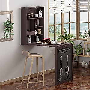 JAXPETY Wall Mounted Space-Saving Desk, Fold Out Computer Laptop Desk with Storage Bookcase & Chalkboard, Convertible Writing Desk for Home Office, Brown