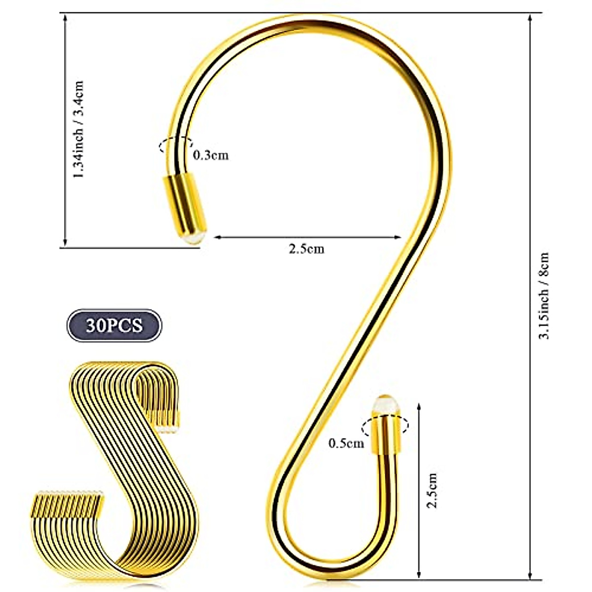 Hotop 30 Pieces 3.15 Inch S-Shaped Stainless Steel Hooks Metal Hanging Hooks Curtain Hooks S Hooks Heavy Duty for Bedroom, Bathroom, Kitchen, Office and More (Gold)