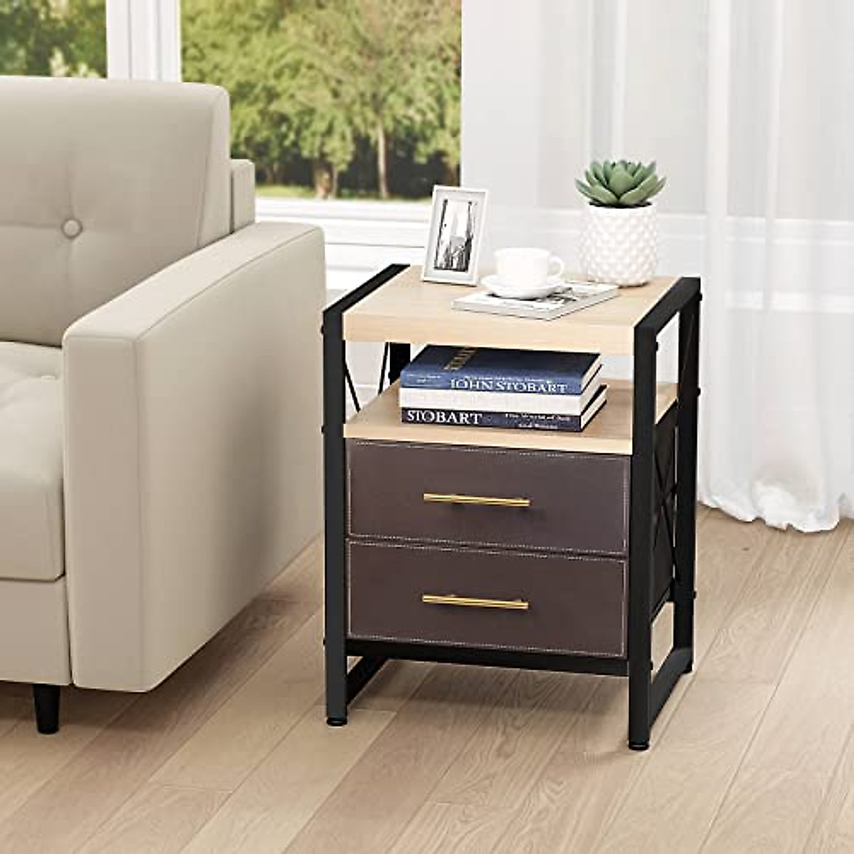 GAJUST Sophisticated Bedside Table with Adjustable Legs and Gold Drawer Handle