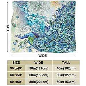 Peacock and Vintage Botanical Flannel Fleece Blanket Ultra Soft Cozy Warm Throw Lightweight Blanket Microfleece Blanket for Home (Peacock and Vintage Botanical, 50" x40")