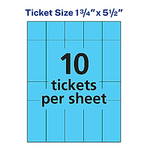 Avery Printable Tickets, Bright Blue Colored Cardstock, 1.75" x 5.5", Laser/Inkjet, 250 Tickets (16436)