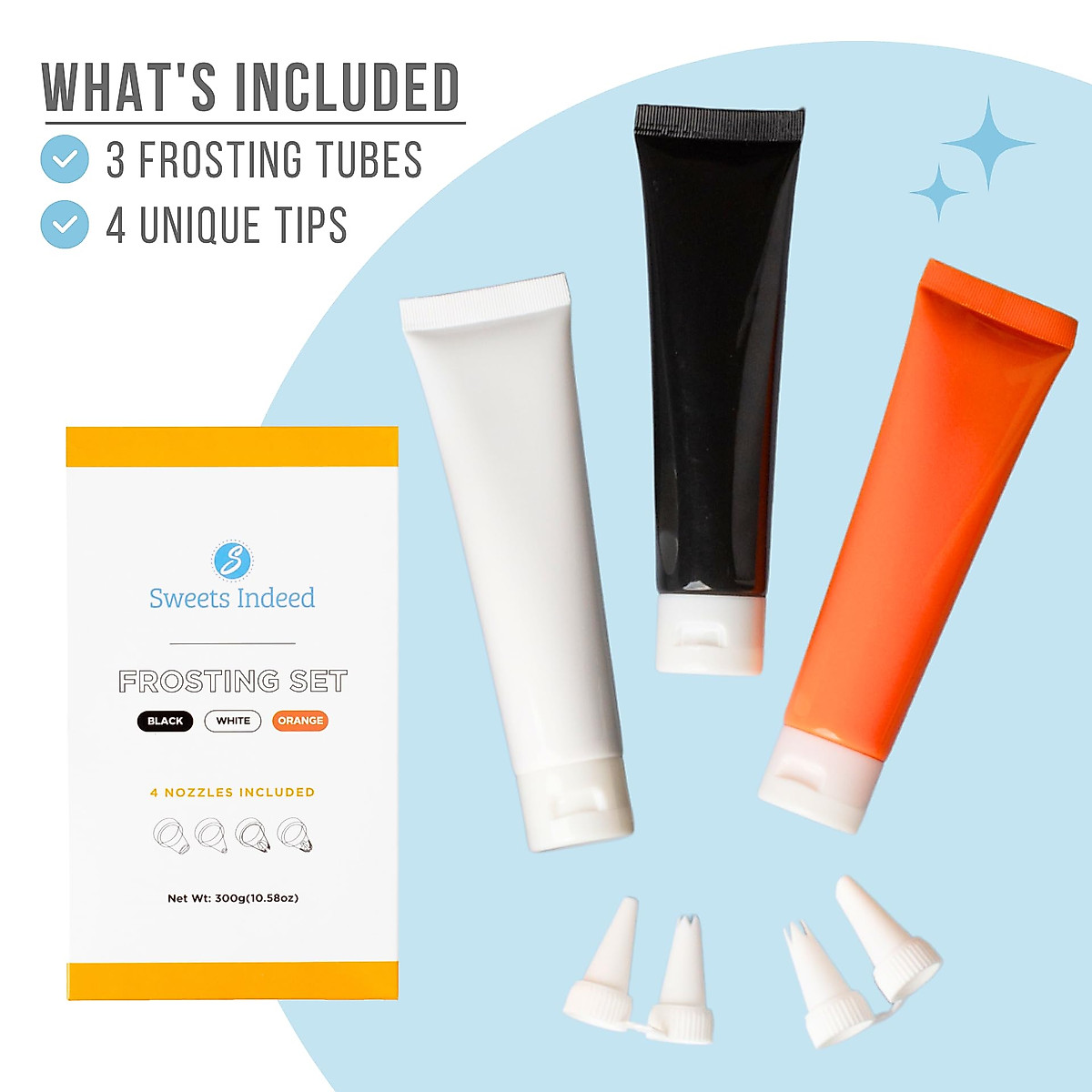 Sweets Indeed - Halloween Frosting Set - 3 Pack - 3.5 ounce tubes - Black Orange White - 4 nozzles included - Holiday Frosting - Cookie Decorating Kit - 10.58 oz