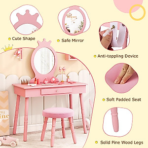 HONEY JOY Pink Crown Makeup Vanity, Includes Chair & Real Glass Mirror, Large Engineered Wood Kids' Vanity Set, Safe & Sturdy, Easy to Install & Clean, Pink