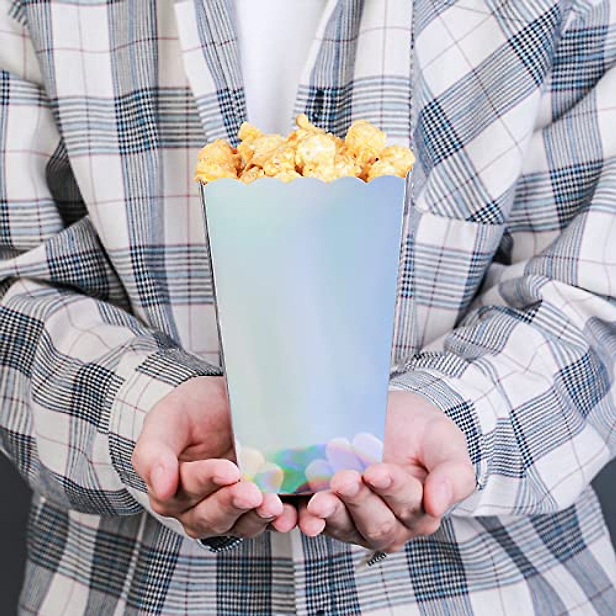 ZebrAnt Iridescent Disposable Popcorn Boxes 6.3 Inches Tall Holographic Rainbow Silver Party Supplies Open-Top Cardboard Paper Popcorn Container for Party Wedding Anniversary Christmas Pack of 12