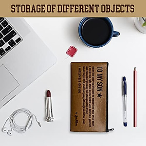 QQILIREN Inspirational Son Gift from Mom to My Son Pencil Case Pen Pouch Engraved Leather Pencil Bag Vintage I Love You Zipper Pouch for Students Graduation Travel Office Work Accessories