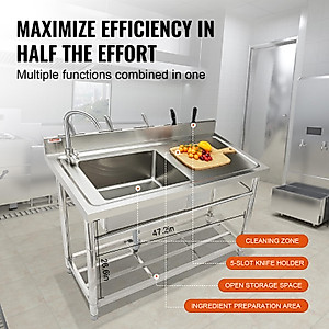 VEVOR Stainless Steel Utility Sink, Free Standing Single Bowl Commercial Kitchen Sink Set w/Workbench, 47 x 19.7 x 37.4 in Commercial Single Bowl Sinks for Garage, Restaurant, Laundry, NSF Certified