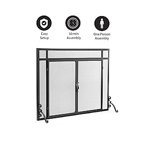 Plow & Hearth Metal Fireplace Screen Flatguard Black | 44" W x 33" H | 2 - Door | Spark Guard Indoor Grate | Iron Fire Place Cover | Wood Burning Stove Decorative Accessories