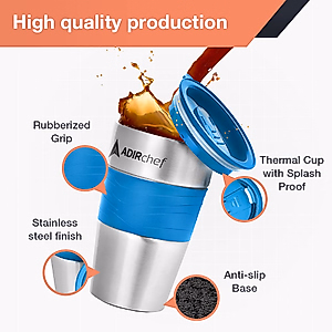 AdirChef Travel Mug 15 Oz - Insulated BPA Free Stainless Steel Vacuum Tumbler w/Spill Proof Slide Lid for Hot/Cold Drinks Great for Outdoor, Driving, Home or Office Use (Crystal Blue)