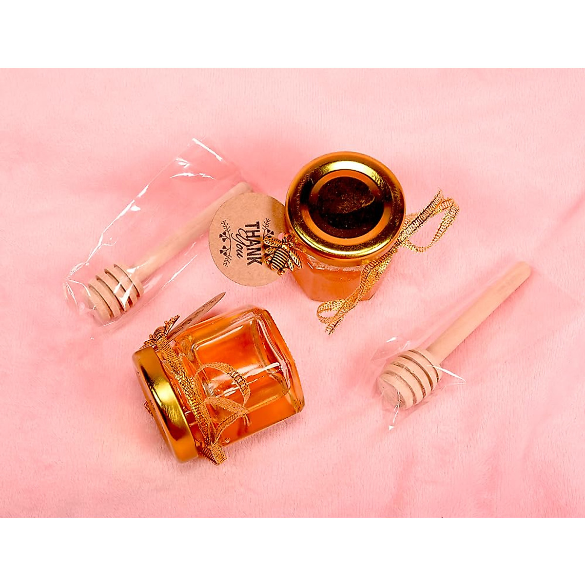 Ahhute 20 Pack Mini Glass Honey Jars with Dipper - Perfect for Baby Showers and Wedding Favors - Gold Lid, Bee Pendants, Ribbons - Includes Gift Bags