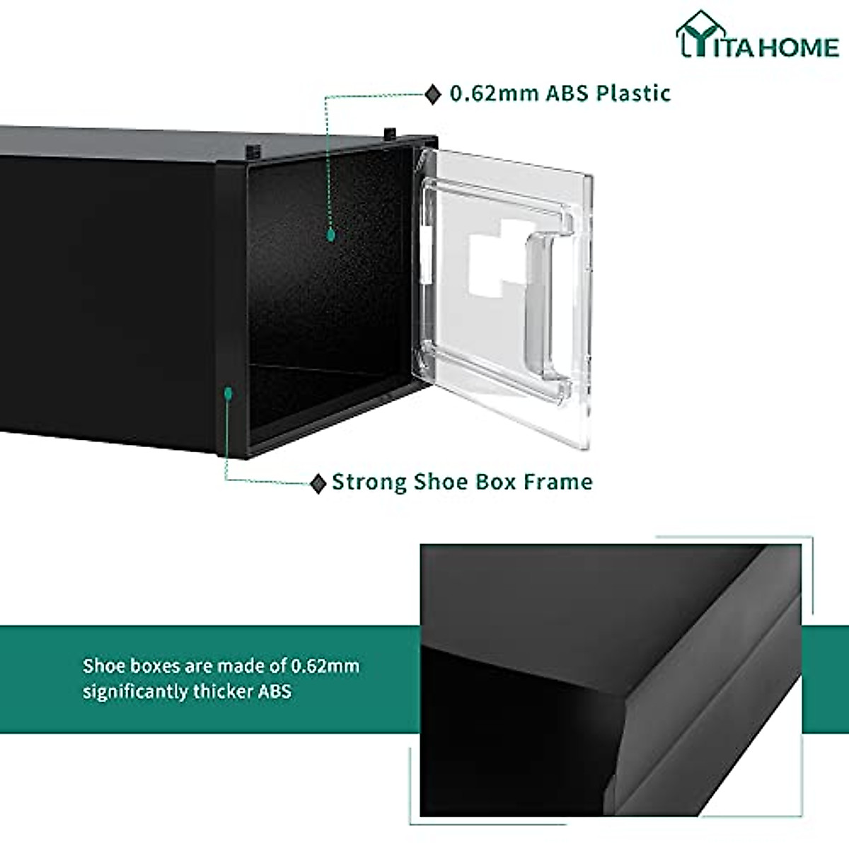 YITAHOME Shoe Box, Set of 12 Medium Size Shoe Storage Lightweight Plastic Organizers Stackable Shoe Storage Box Rack Drawers - Black