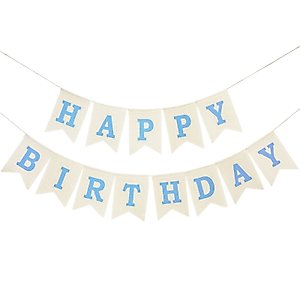 Blue Happy Birthday Banner, Assembled Burlap Happy Birthday Sign for Birthday Party Decorations