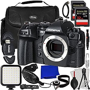 Ultimaxx Starter OM System OM-1 Mirrorless Camera Bundle (Body Only) - Includes: 2X 32GB Extreme Pro SDXC’s, Ultra-Bright LED Light Kit, Water-Resistant Gadget Bag, Cap Keeper & More (23pc Bundle)
