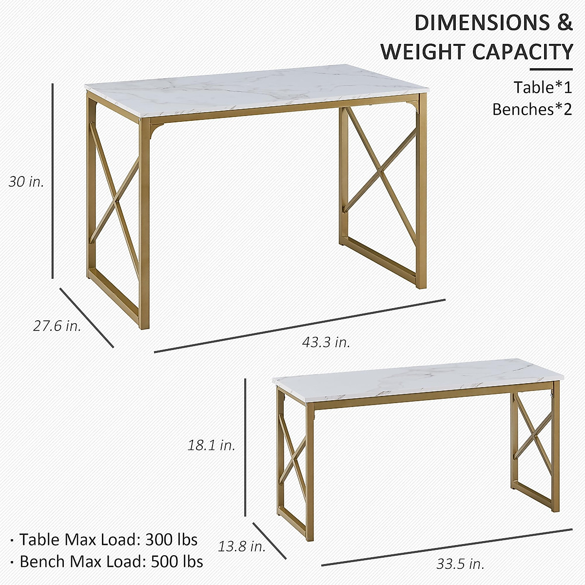 VECELO Kitchen Table with 2 Benches for 4, Wood Dining Room Dinette Sets with Metal Frame for Breakfast Nook and Small Space