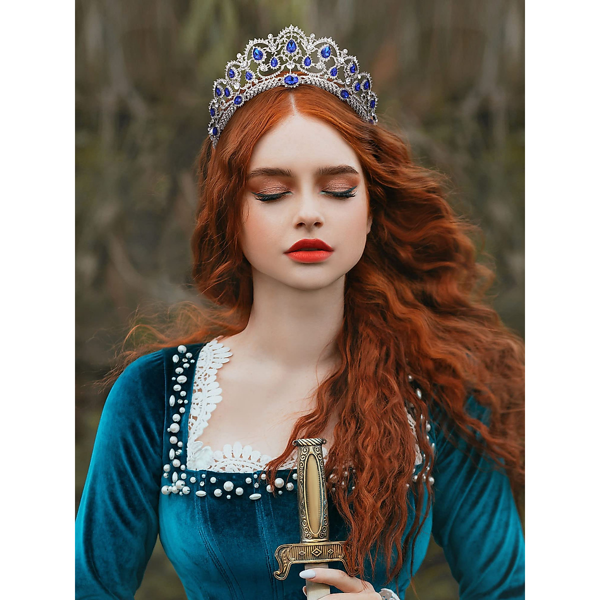 SWEETV Crystal Wedding Tiara for Bride Rhinestone Princess Crown for Women, Olivia Quinceanera Crown Bridal Costume Jewelry Hair Accessories, Blue