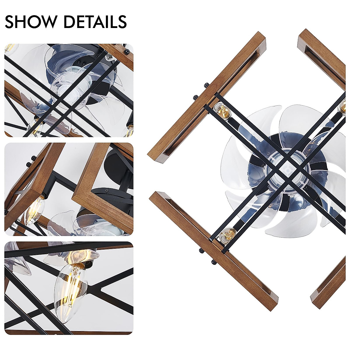 Farmhouse Ceiling Fans with Lights, Wood Flush Mount Ceiling Fan Lights with Remote Control,Caged Indoor Ceiling Fan with Light for Living Room,Bedroom,Kitchen