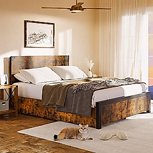 IDEALHOUSE Queen Size Bed Frame with Storage, Queen Bed Frame with Drawers, Rustic Vintage Wood and Metal Bed Frame with Large Storage Space, No Box Spring Needed, Noise Free