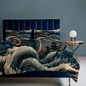 MSSHUKYTT Vintage Japanese Mount Fuji Duvet Cover Set 3 Piece Queen Size,Cool Dragon Nature Landscape Japan Great Wave Cabin Duvet Cover 2 Pillowcases(No Insert)
