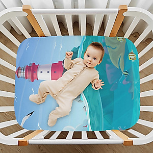 Cartoon Lighthouse Sea Port Nautical Baby Crib Sheets Soft Toddler Bed Sheets Breathable Mattress Cover Playard Sheet for Boys Nursery Crib Mattress, 39 * 27 * 5in